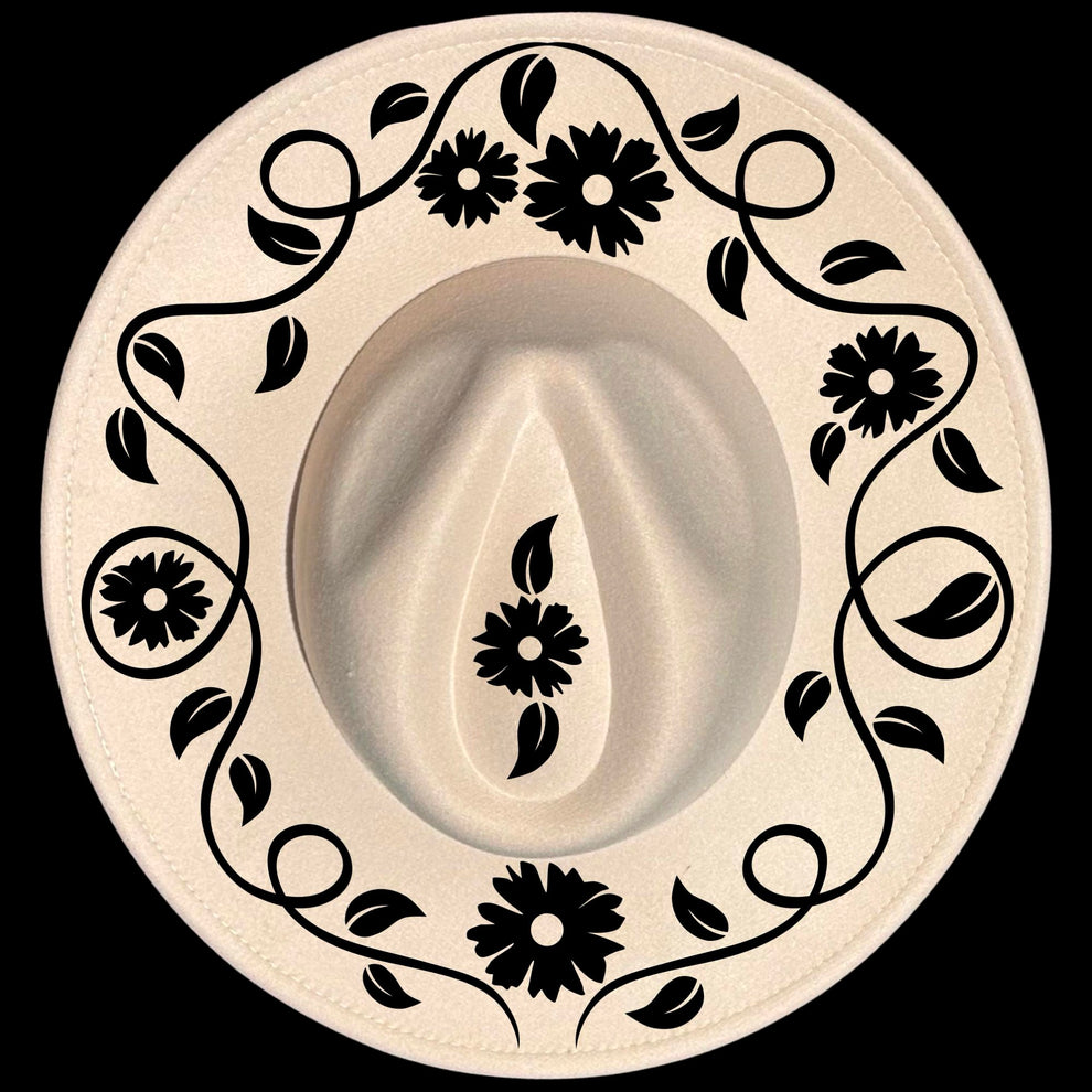 Black Vine And Flowers Traceable Wide Brim Hat Burning Design