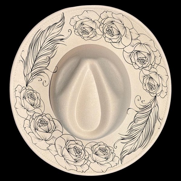 Feathers & Roses | Wide Brim Hat Burning Design | Cool Moon Designs