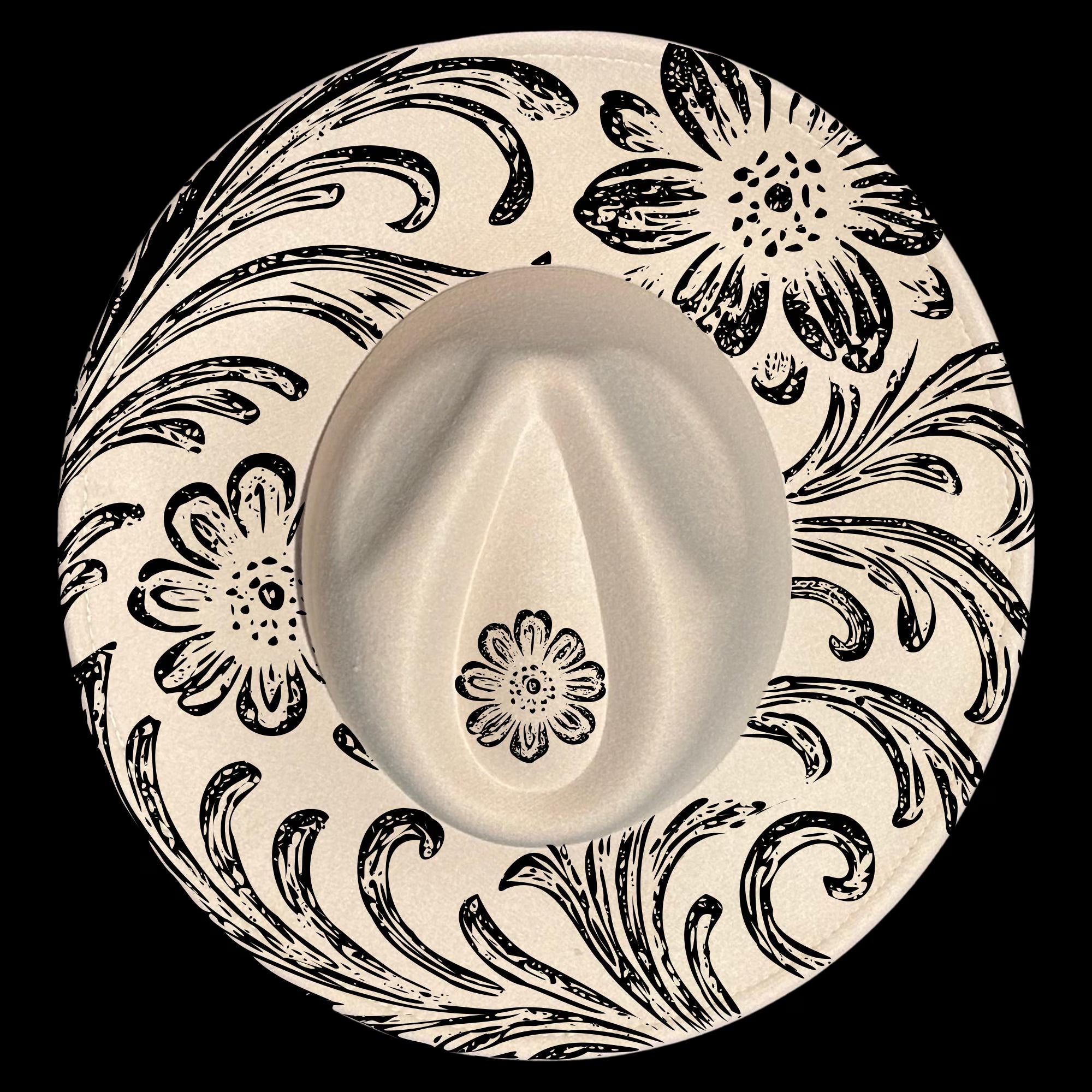 Tooled Leather Flowers Hat Burning Design | Wide-Brim | Cool Moon Desi ...